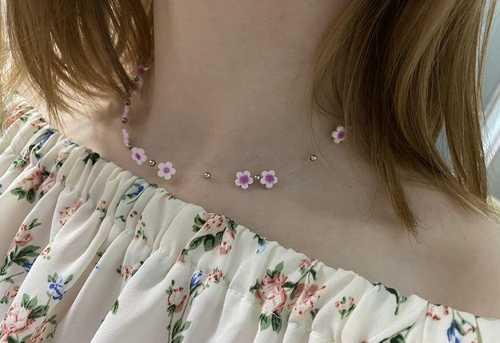 Ожерелье и браслет из бусин цветочки