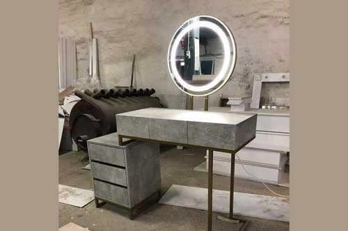 Лофт гримёрный стол с круглым LED зеркалом и тумба