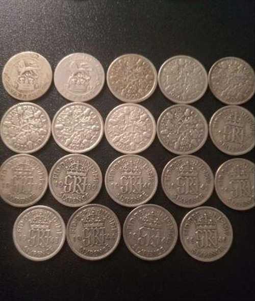 Монеты 6 пенсов Великобритания серебро 1921-1946