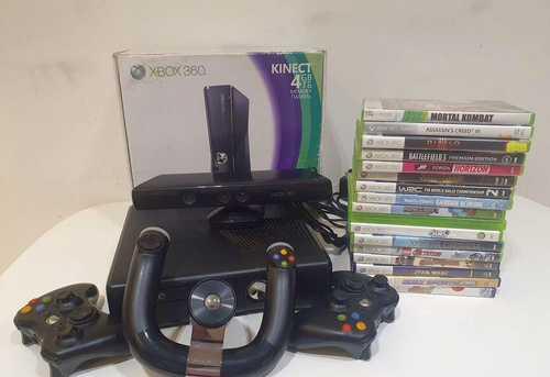Xbox 360 320гб. 2 геймпада, руль, кинект, диски