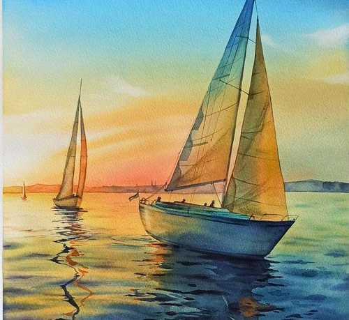 Картина акварель Яхта море закат