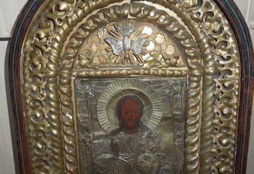 Икона 19 век Господь Вседержатель в киоте Редкая