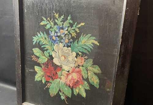 Картина вышивка в раме цветы старинная