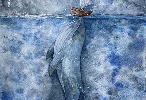 Картина акварельная "Синий кит"