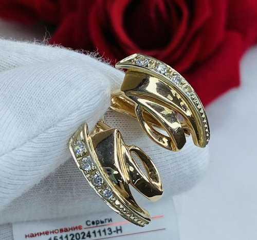 Серьги золотые зигзаг с фианитами