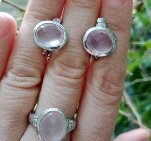 Серьги и кольцо с розовым кварцем серебро