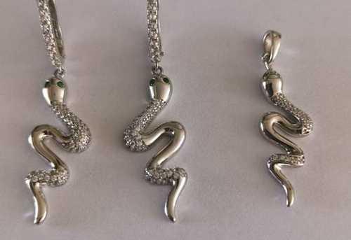 Серьги и кулон серебряные змейка
