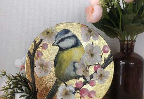 Картина маслом птичка на круглом холсте