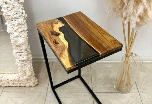 Приставной столик река черный из дерева, стильный