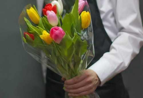 Букет из 9 разноцветных тюльпанов, цветы доставка