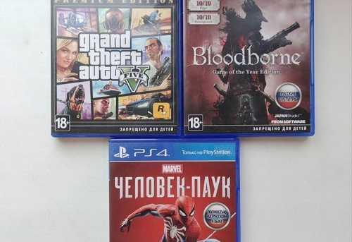 Диски игры PS4, GTA V, Bloodborne, Человек Паук