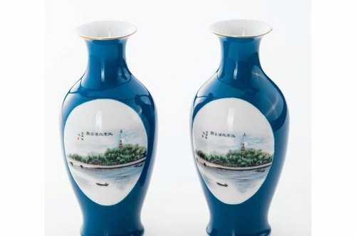 Парные вазы с изображением пейзажа, фарфор, деколь