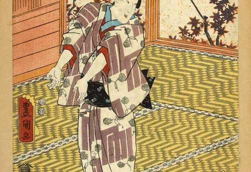 Японская гравюра Кунисада"Девушка перед омовением"