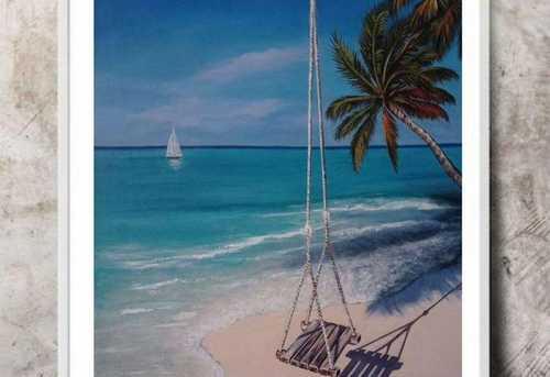 Картина маслом "Морской пляж и качели"