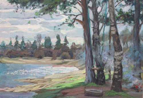 Картина пейзаж маслом лес река деревья берег реки