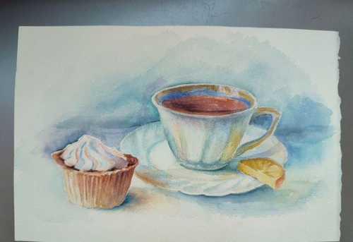 Картина акварелью натюрморт "Сладкий чай"