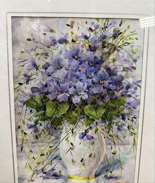 Картина акварелью, цветы "Фиалки" 40х30