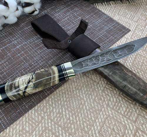 Нож подарочный "Якут средний", клинок Дамасская сталь, рукоять стабилизированный бивень мамонта, нож