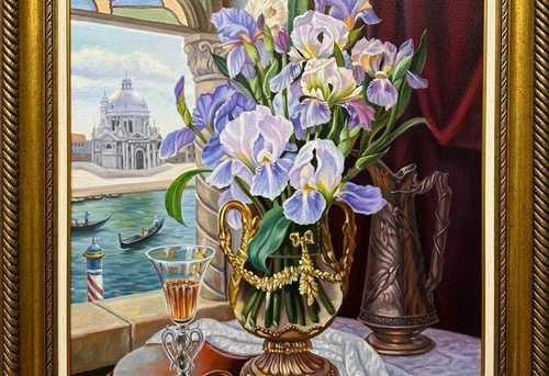 Картина маслом "Ирисы у окна. Венеция" 80х60