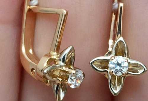 Золотые серьги с бриллиантами четырехлистник СССР