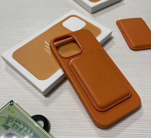Чехол кожаный и Картхолдер iPhone 14 оранжевый