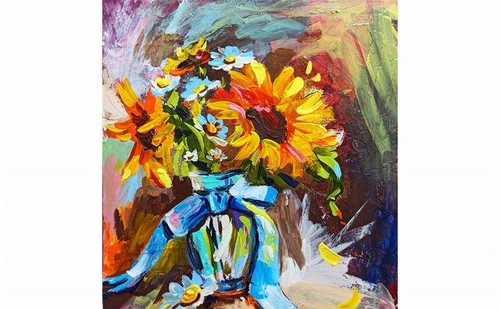 Картина букет цветов в вазе подсолнухи ромашки