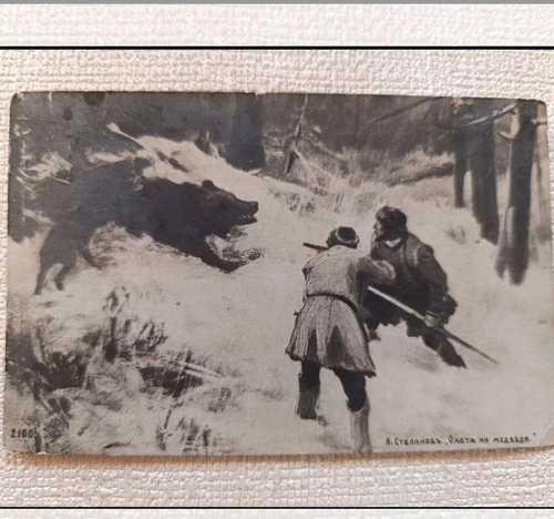 Старинная Фотооткрытка "Охота На Медведя"