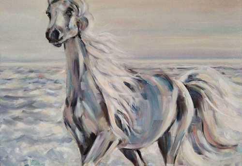 Картина белая лошадь. Холст, масло