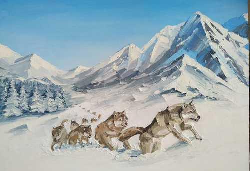 Картина маслом на холсте горы волки