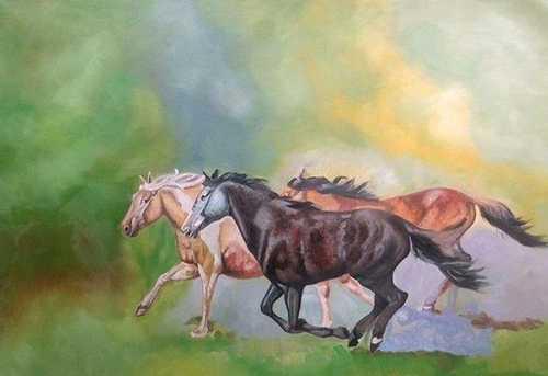 Картина маслом на холсте "Лошади Скачки"
