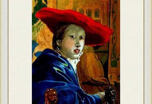 Картина акварелью Дама в красной шляпе