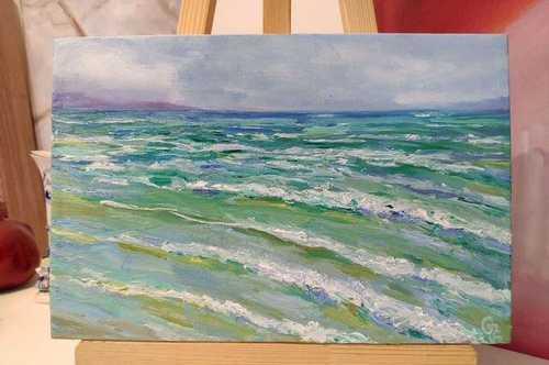 Картина морские волны, прибой, зеленое море