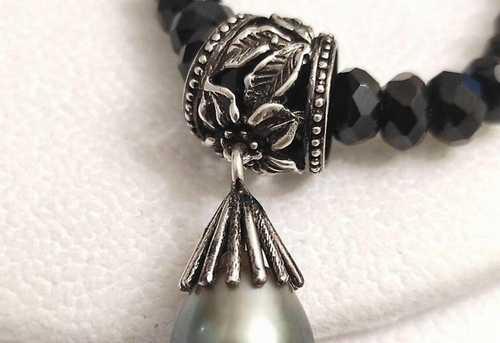 Ожерелье морской жемчуг Таити шпинель серебро