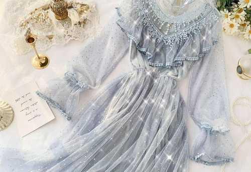 Голубое фатиновое платье с блёстками 40-44