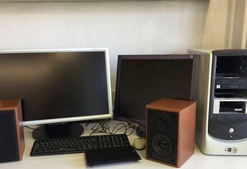 Компьютер, два монитора, акустика, клавиатура мышь