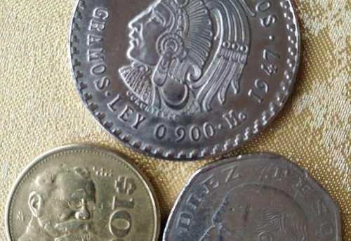 Монеты: 5, 10 и 100 песо Мексика