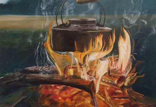 Картина маслом пейзаж с костром "Походный чай"