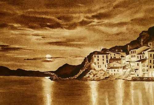Картина акварелью "Ночь на о. Эльба. Италия"