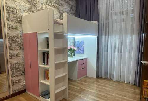 Кровать-чердак розовая Polini Simple