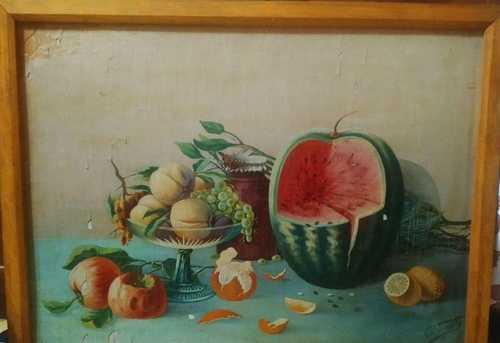 Старинная картина маслом. Натюрморт с фруктами