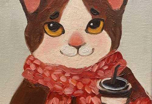 Картина маслом на холсте Влюбленный кот и кофе