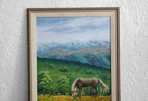 Картина маслом Пейзаж Горный луг Лошадь