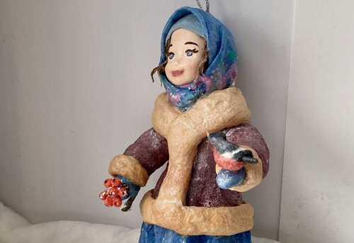 Ватная игрушка Девочка со снегирем и рябинкой