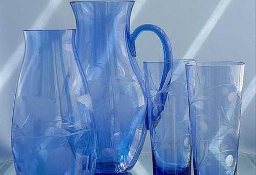 Кувшин/ваза/стаканы синее стекло СССР