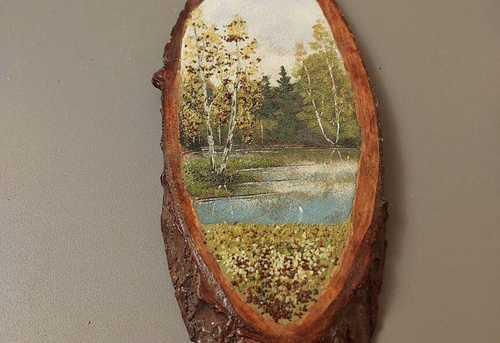 Картина на спиле дерева русские березы 28 см осень