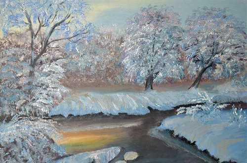 Картина маслом пейзаж зима лед пруд снег лес