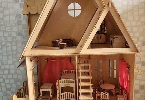 Домик кукольный деревянный с мебелью