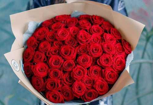 Букет из 51 красной розы 35-40 см (Россия) в кремо