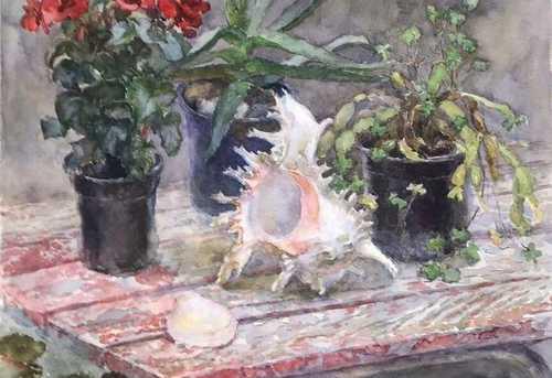 Картина акварелью "Цветы и ракушки"