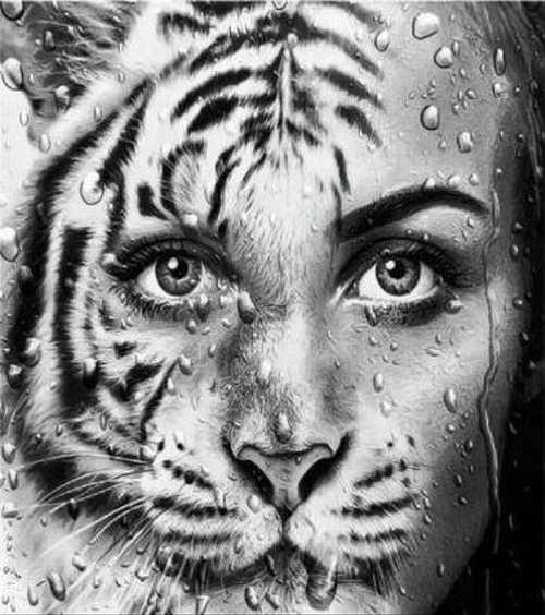 Алмазная мозаика на подрамнике "Девушка-Тигр"